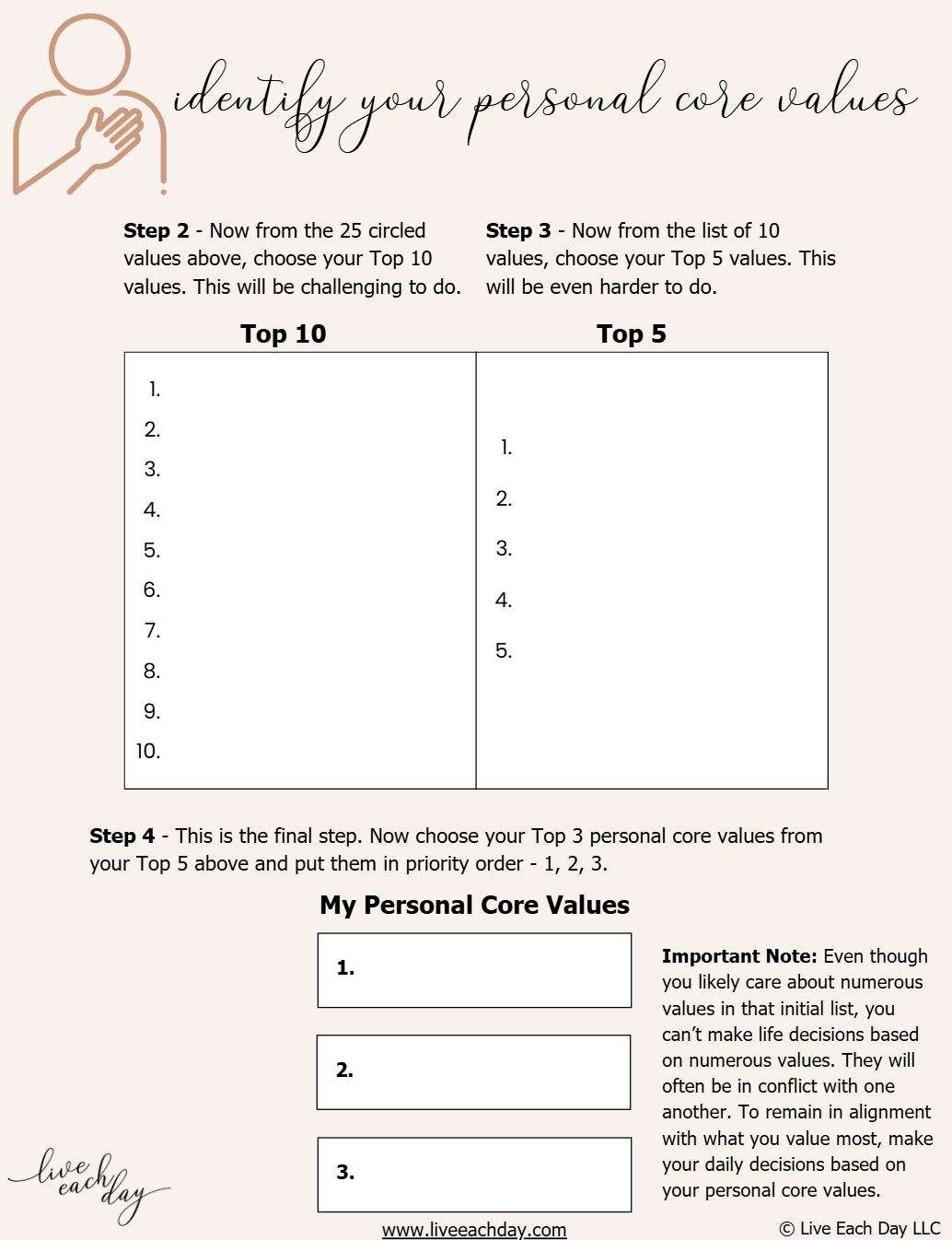 Personal Core Values Identification Worksheet | Live Each Day
