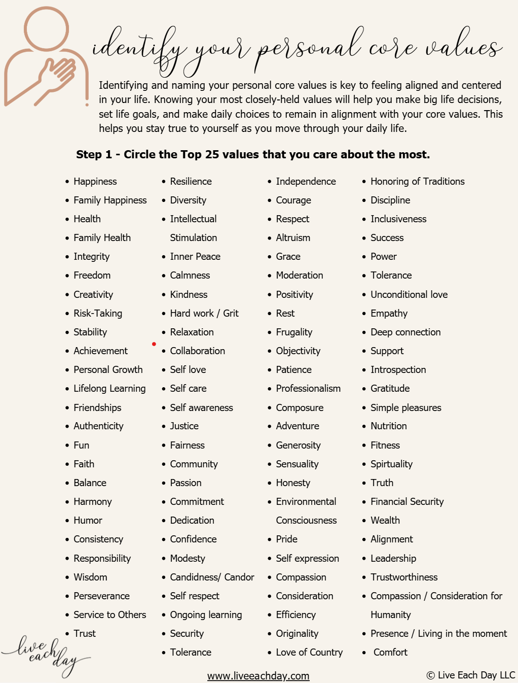 Personal Core Values Identification Worksheet | Live Each Day